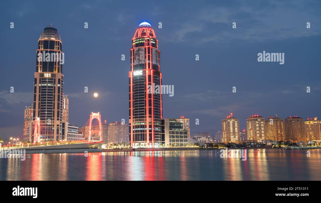 Pearl, Qatar- November 01, 2023: Gewan bridge in the entrance of pearl ...