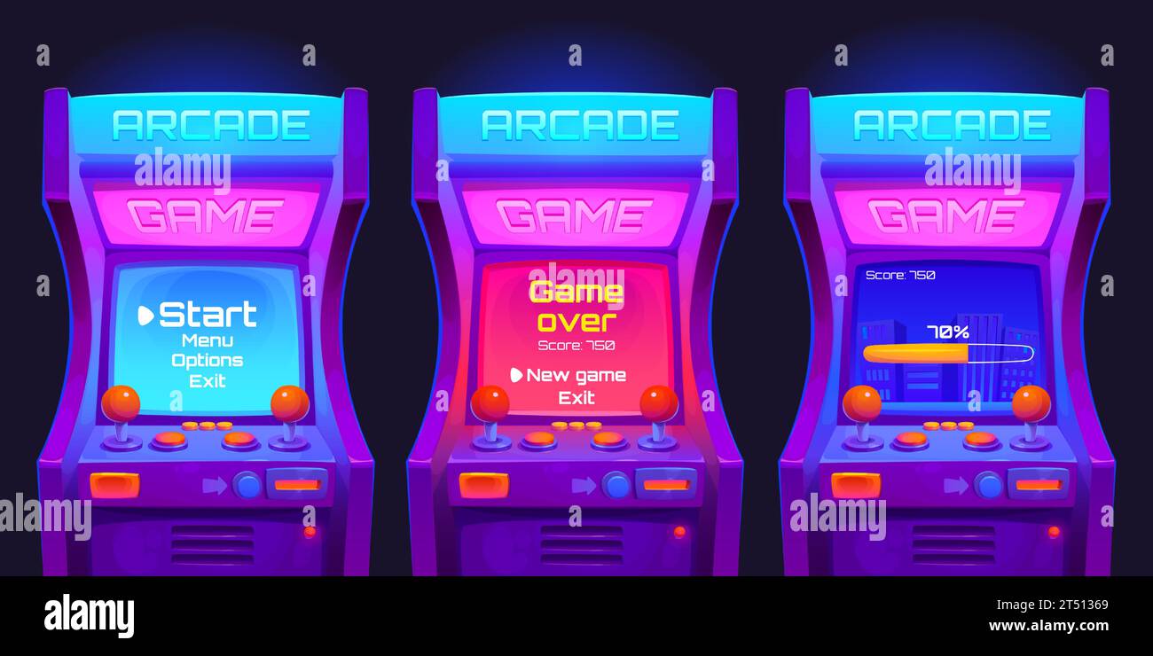 Retro arcade video game machine with neon lights and glowing screen, joystick controller and ...