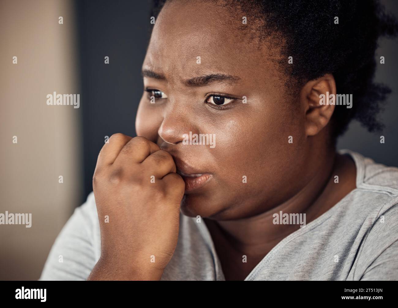 Nervous, scared and black woman with stress, anxiety or trauma from ...