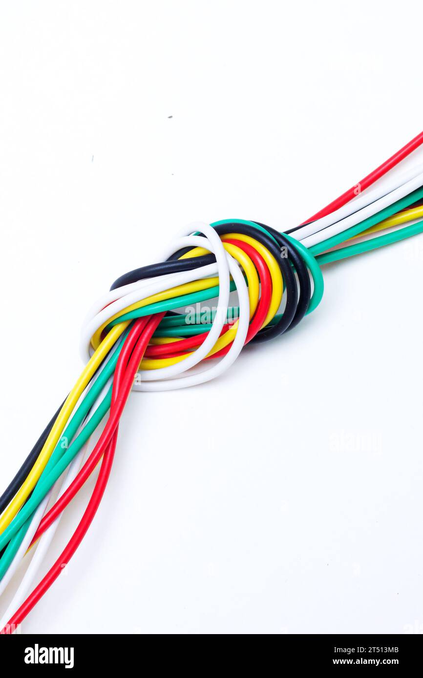 A knot of colorful wires on a white background Stock Photo - Alamy