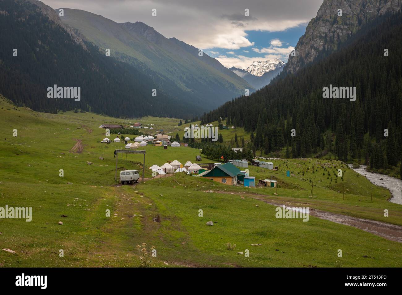 Panoramic view of settlement in the valley of Altyn Arashan, Kyrgyzstan ...