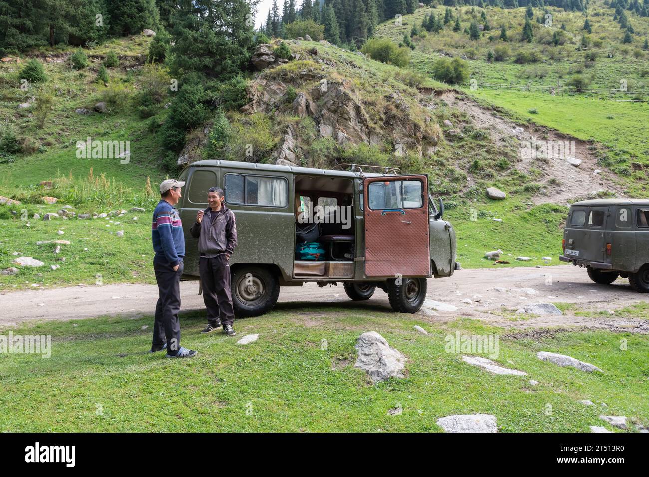 UAZ bus on the road to Altyn Arashan, Kyrgyzstan Stock Photo - Alamy