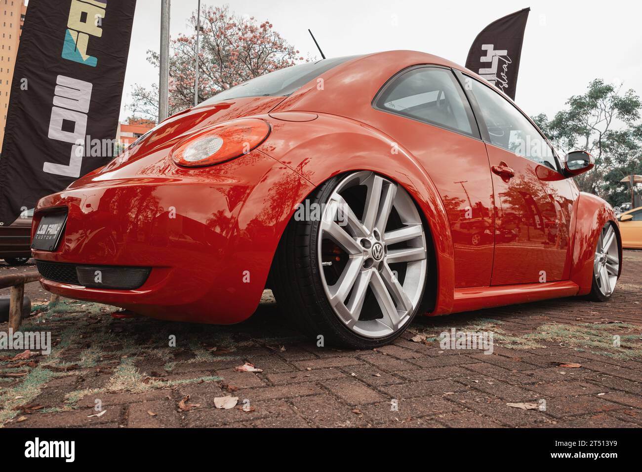 Volkswagen New Beetle 2008 on display at a vintage car fair show in the ...