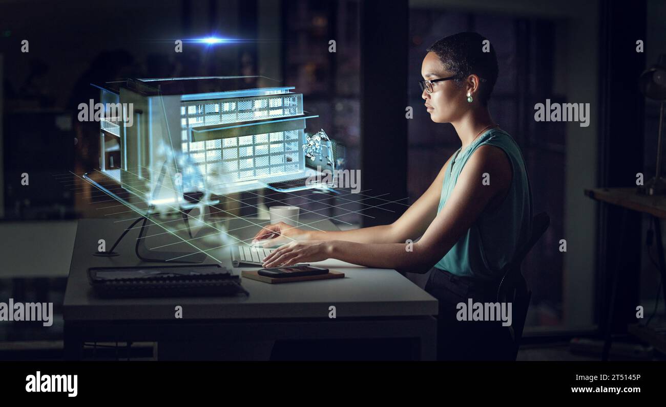 Hologram, computer and business woman typing in office with 3d building ...