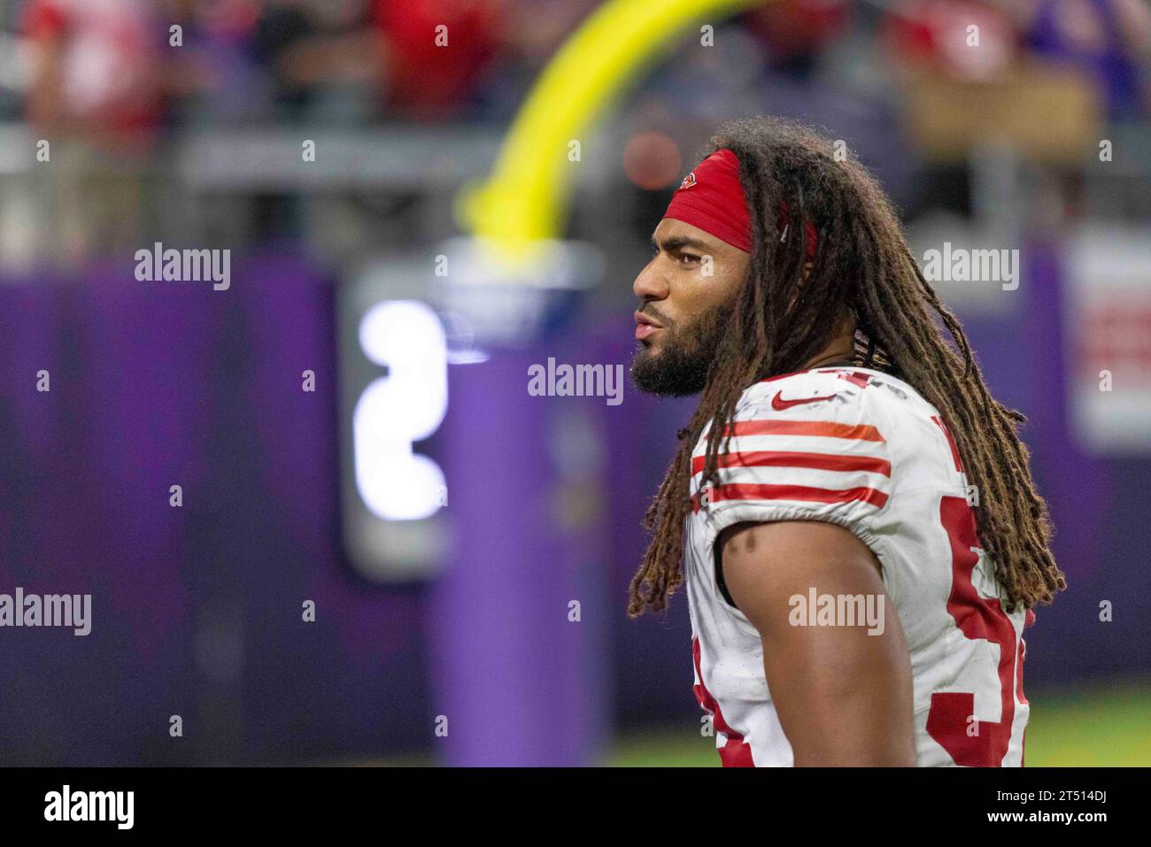 San Francisco 49ers linebacker Fred Warner leaves the field after an ...