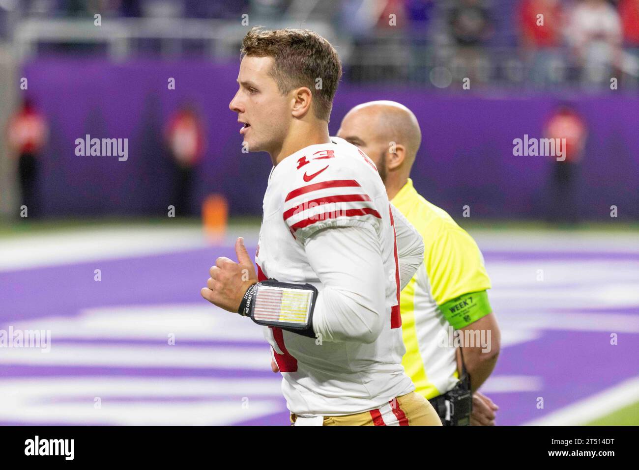 San Francisco 49ers quarterback Brock Purdy leaves the field after an ...