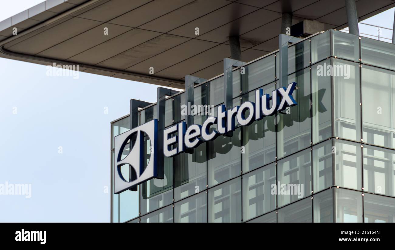 Sign and logo on the headquarters of Electrolux Professionnel, a ...
