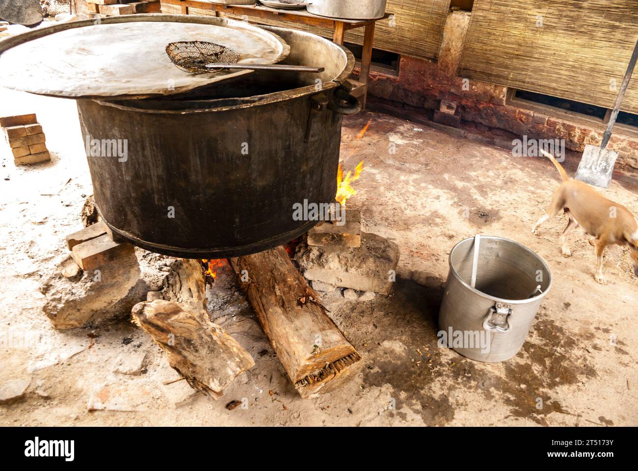 Big iron kettle on a wood fire in the kitchen of a monastery in ...