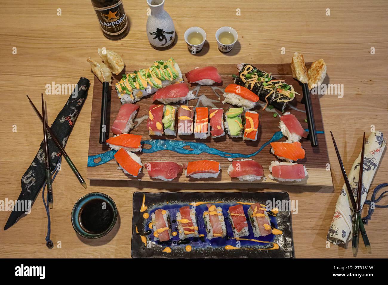 sushi-platter-with-chopsticks-and-sake-stock-photo-alamy