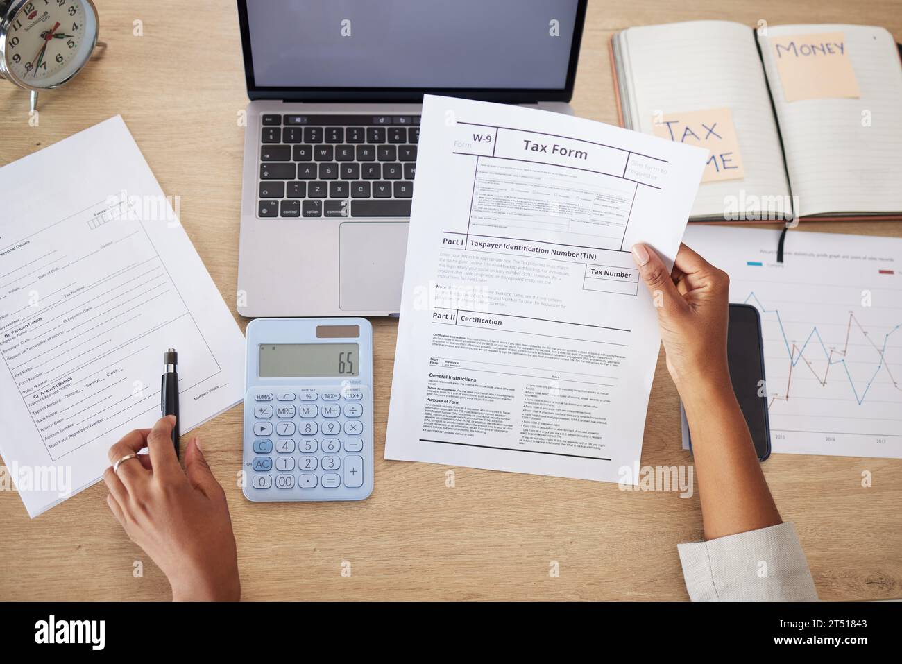 Taxes form, documents and business person for financial application ...