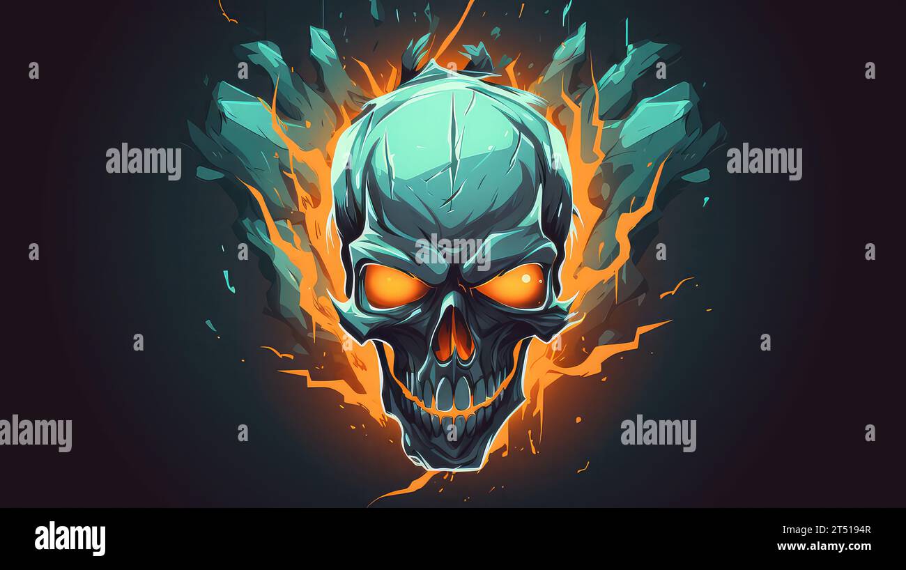 A black-and-white image of a skull against a dark background, with orange flames emanating from ...