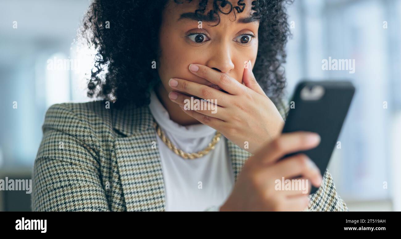 Business woman, reading phone and shocked for social media post, news ...