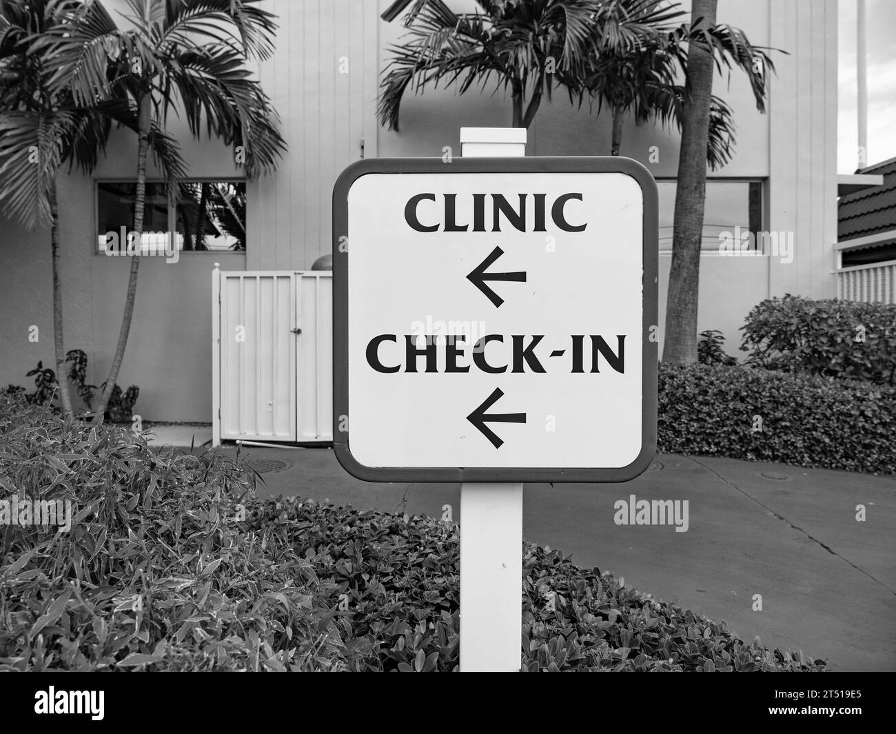 Clinic check-in inscription on sign post. Navigation sign. Wayfinding ...