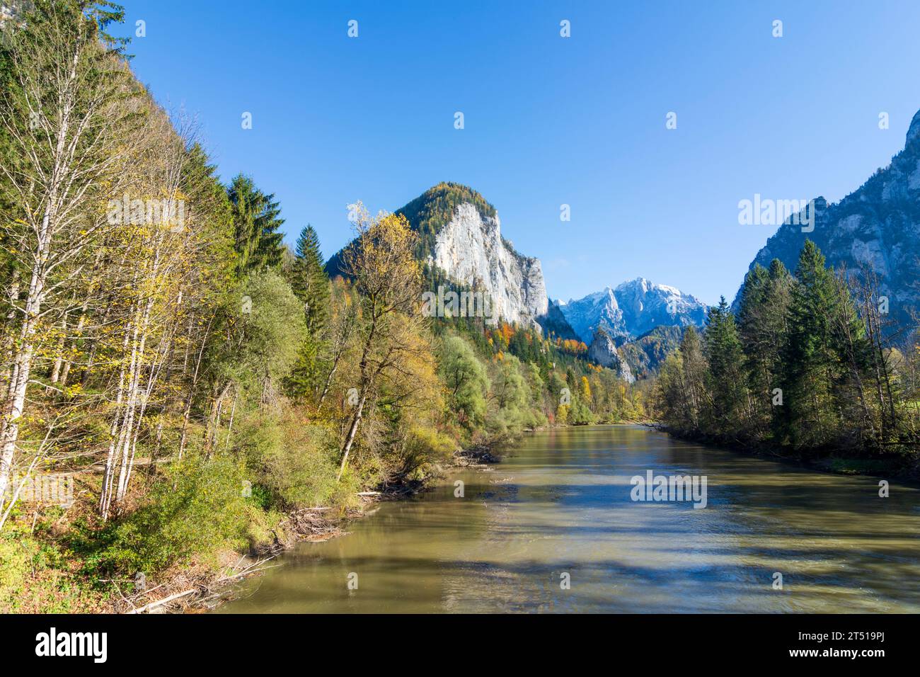 national park Gesäuse: river Enns, mountains at Gesäuseeingang in ...