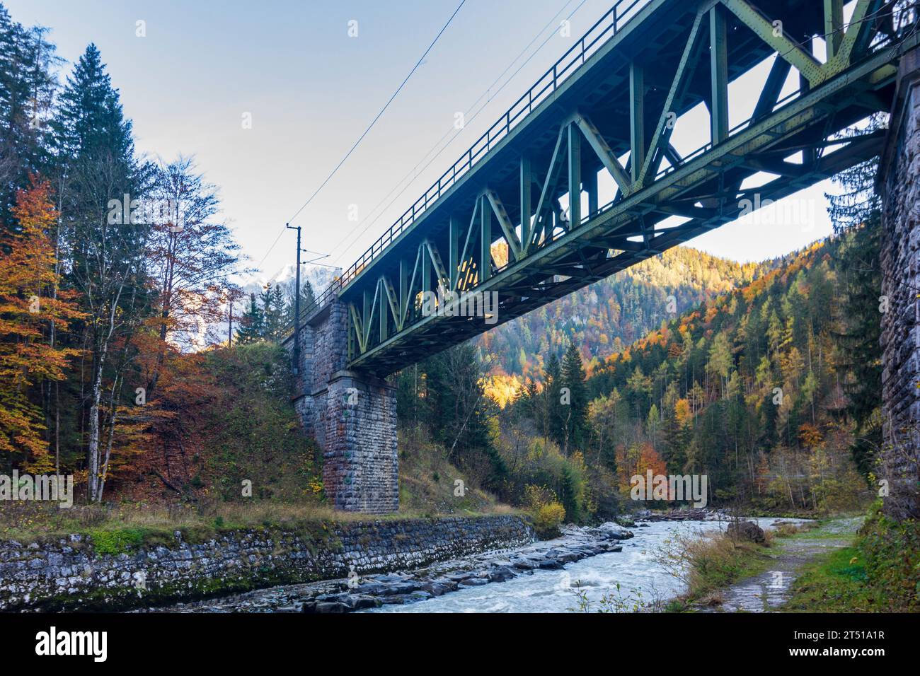 national park Gesäuse: river Enns, railway bridge, at Gesäuseeingang in ...