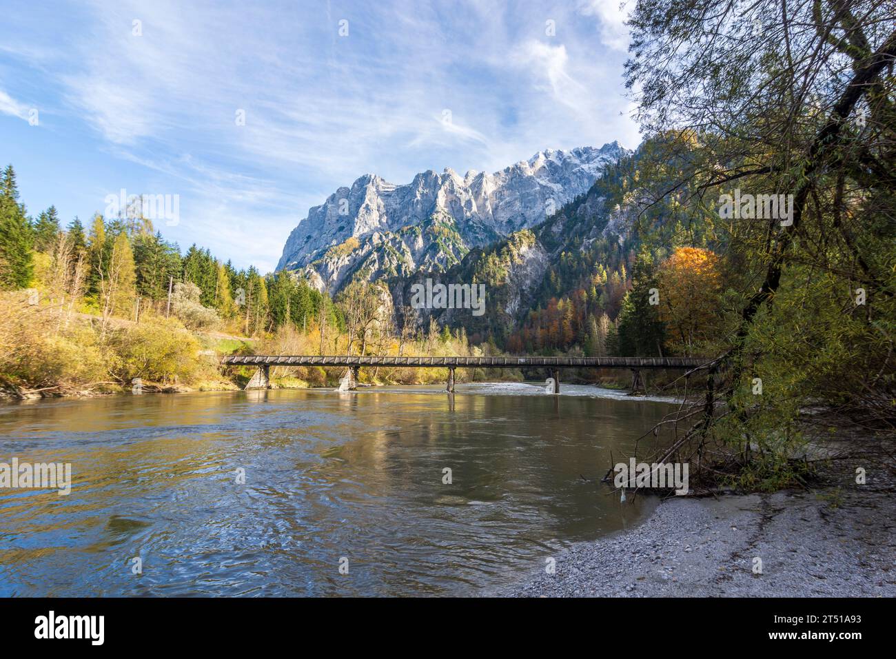 national park Gesäuse: river Enns, bridge Johnsbachsteg, mountains ...