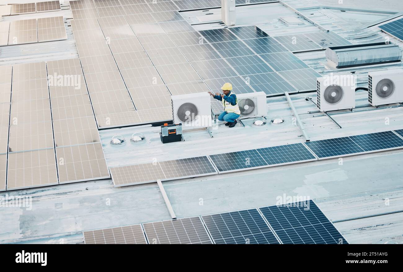 Technician, roof and solar panel for clean power, sustainability and ...