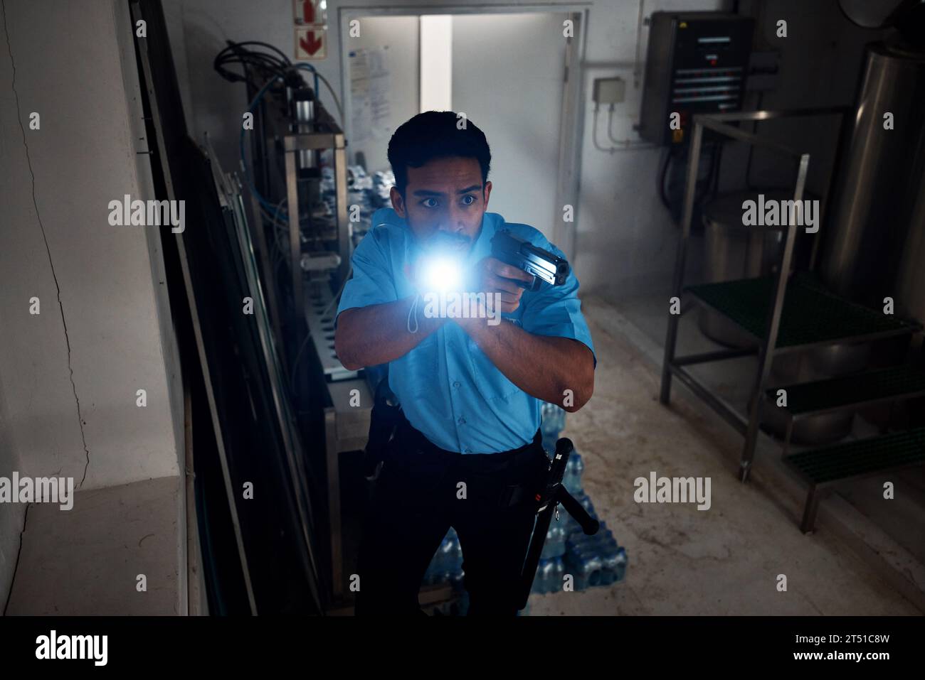 Flashlight, security and man with gun for investigation, inspection and ...