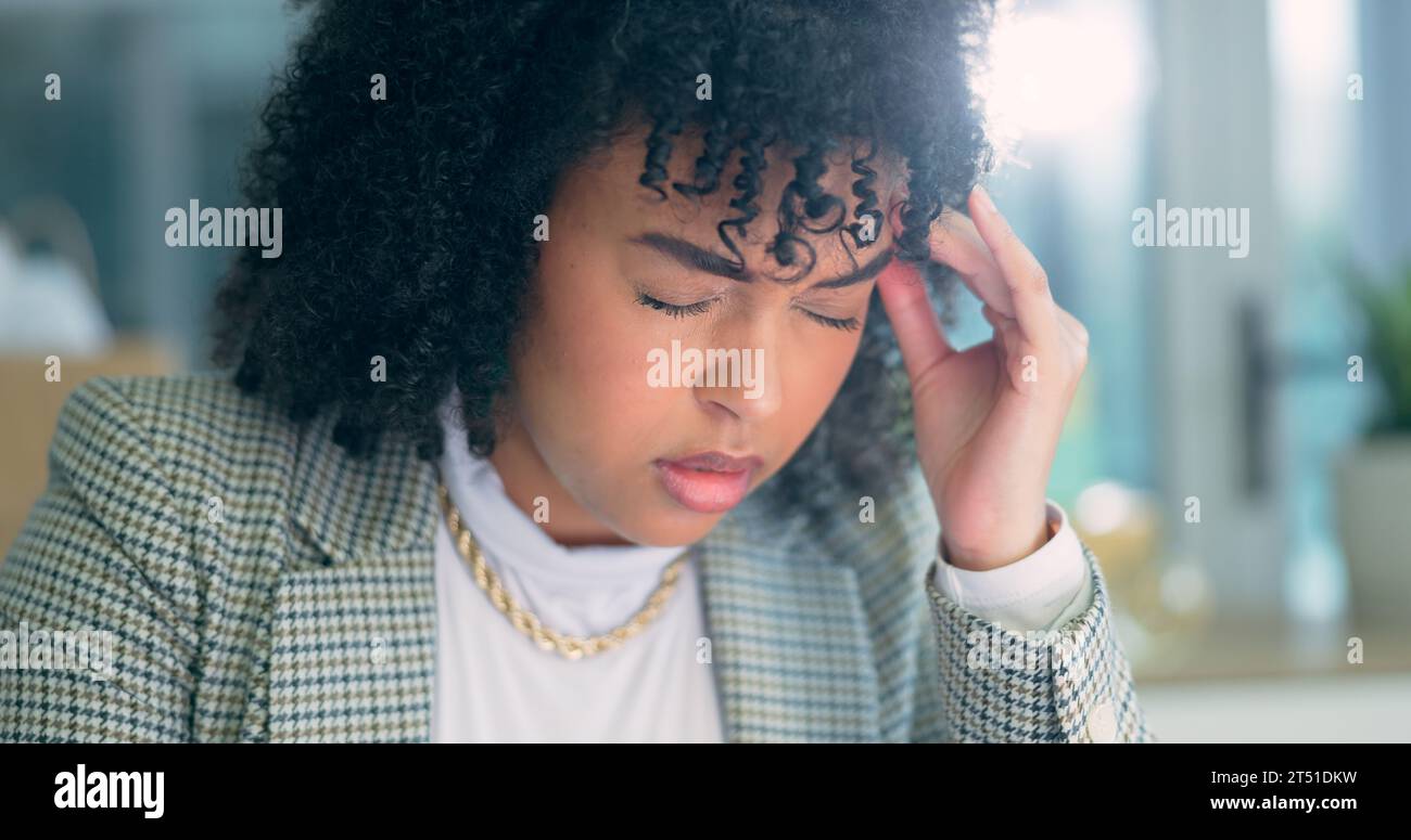 Headache, stress and business woman in office with anxiety, tension or ...