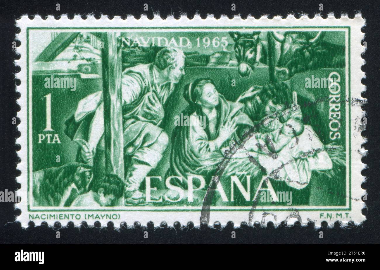 SPAIN - CIRCA 1965: stamp printed by Spain, shows Nativity by Mayno ...