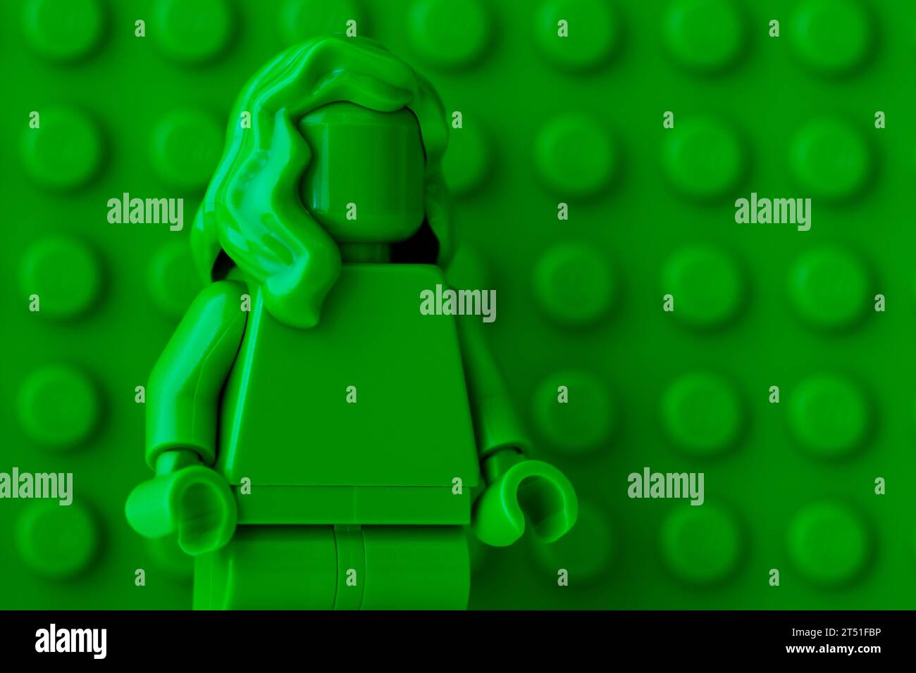 Tambov, Russian Federation - October 31, 2023 Portrait of a Lego green ...