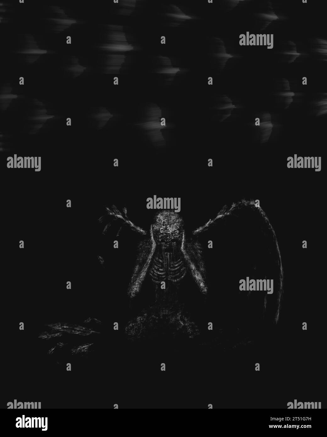 Scary skeleton with wings, dark fantasy creatures, black and white ...