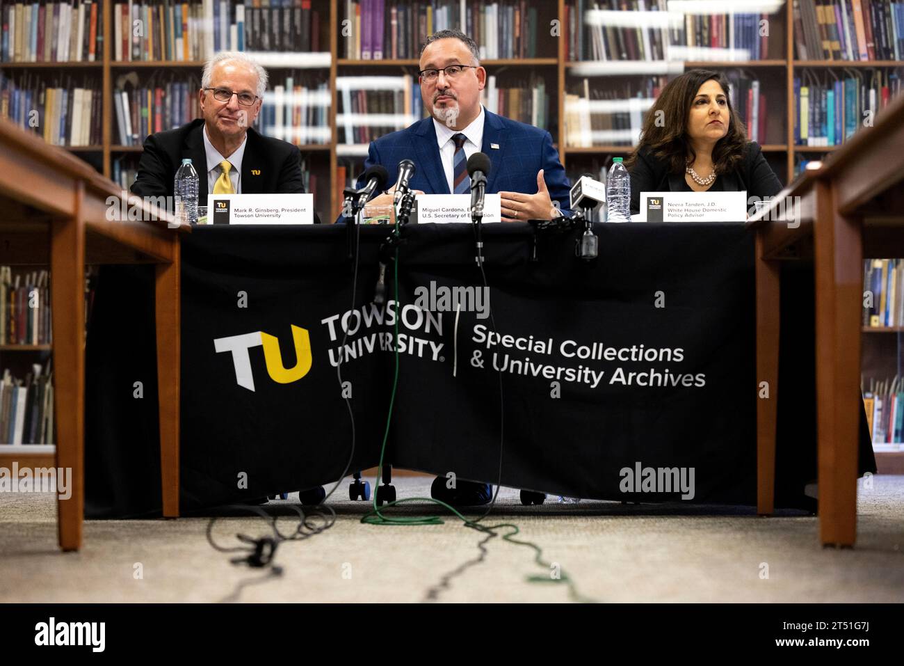 Education Secretary Miguel Cardona, domestic policy adviser Neera Tanden and Towson University ...
