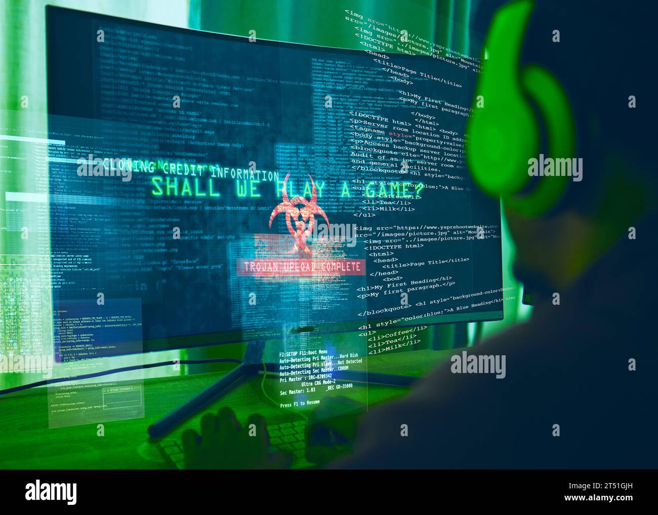 Computer screen, programming or identity theft with hacker man for ...