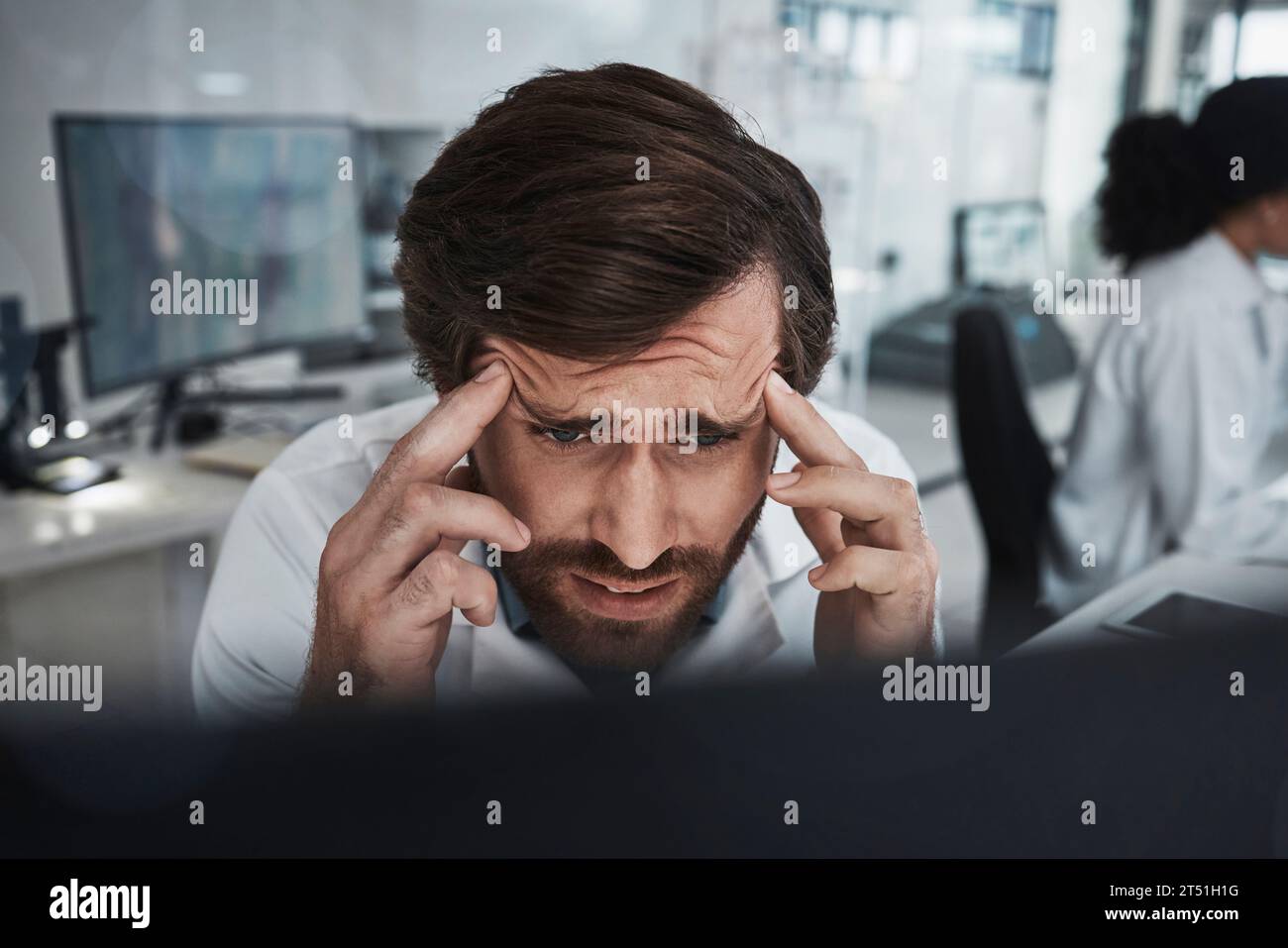 Stress, research or scientist with headache or burnout in a laboratory ...