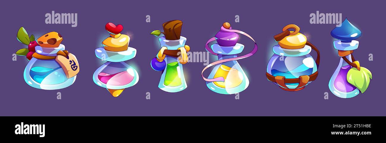 Set of glass bottles with magic elixir isolated on background. Vector ...