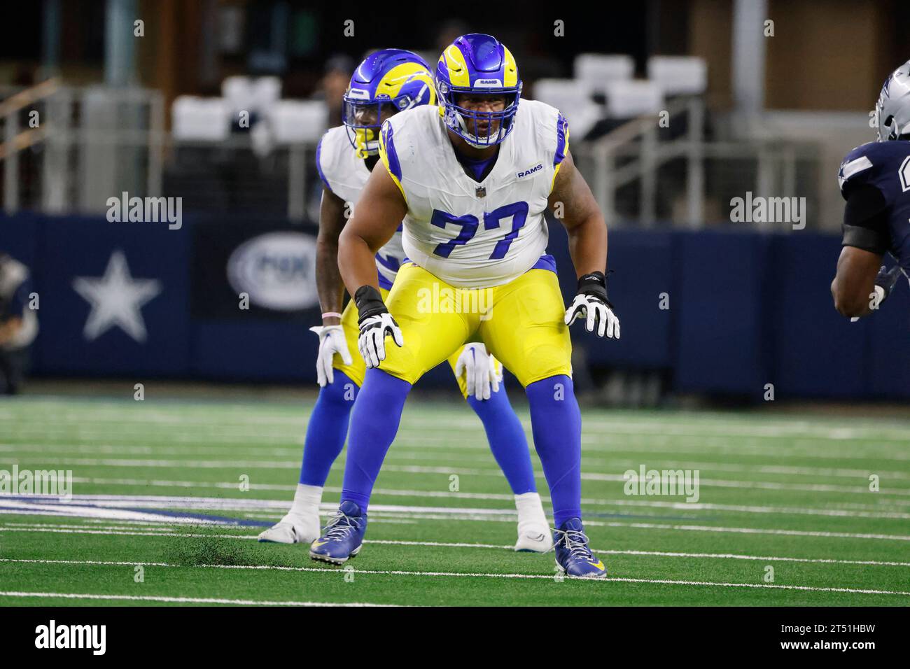 Los Angeles Rams offensive tackle Alaric Jackson (77) prepares to block ...