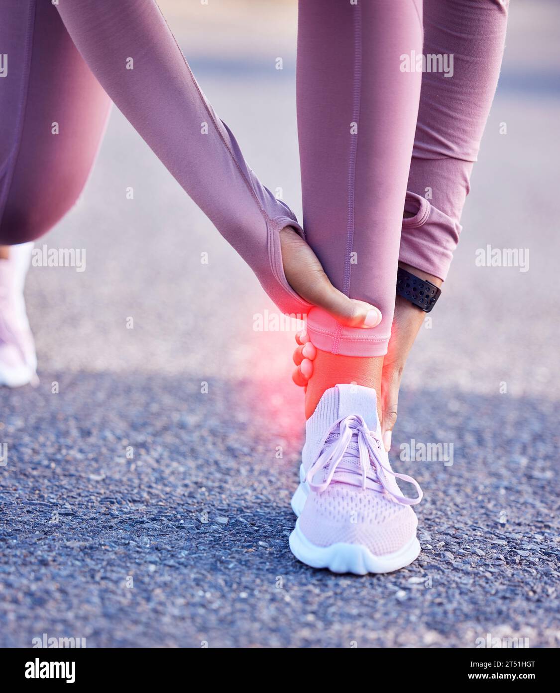 Ankle hands, pain and fitness injury on road or street outdoors after ...
