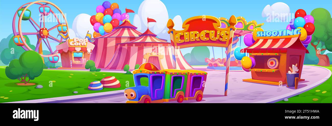 Fair carnival wheel in park with circus vector background. Amusement ...