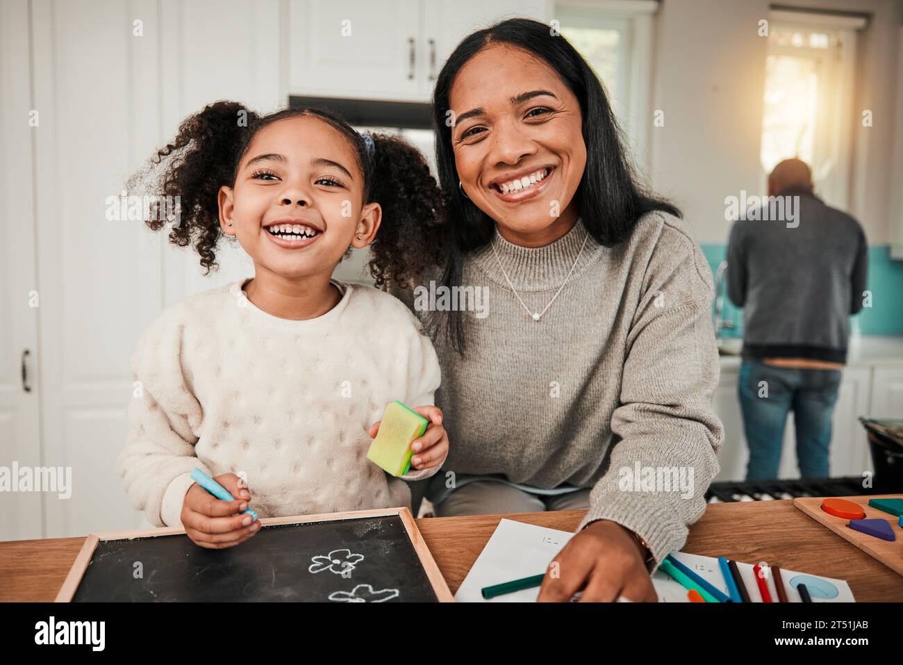 Learning, home and portrait of mother help child with homework for ...