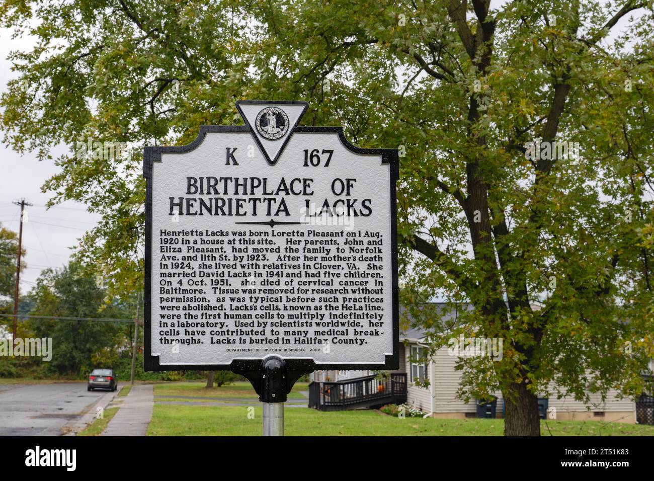 Roanoke, VA - Oct. 20, 2023: Sign at the birthplace of Henrietta Lacks ...