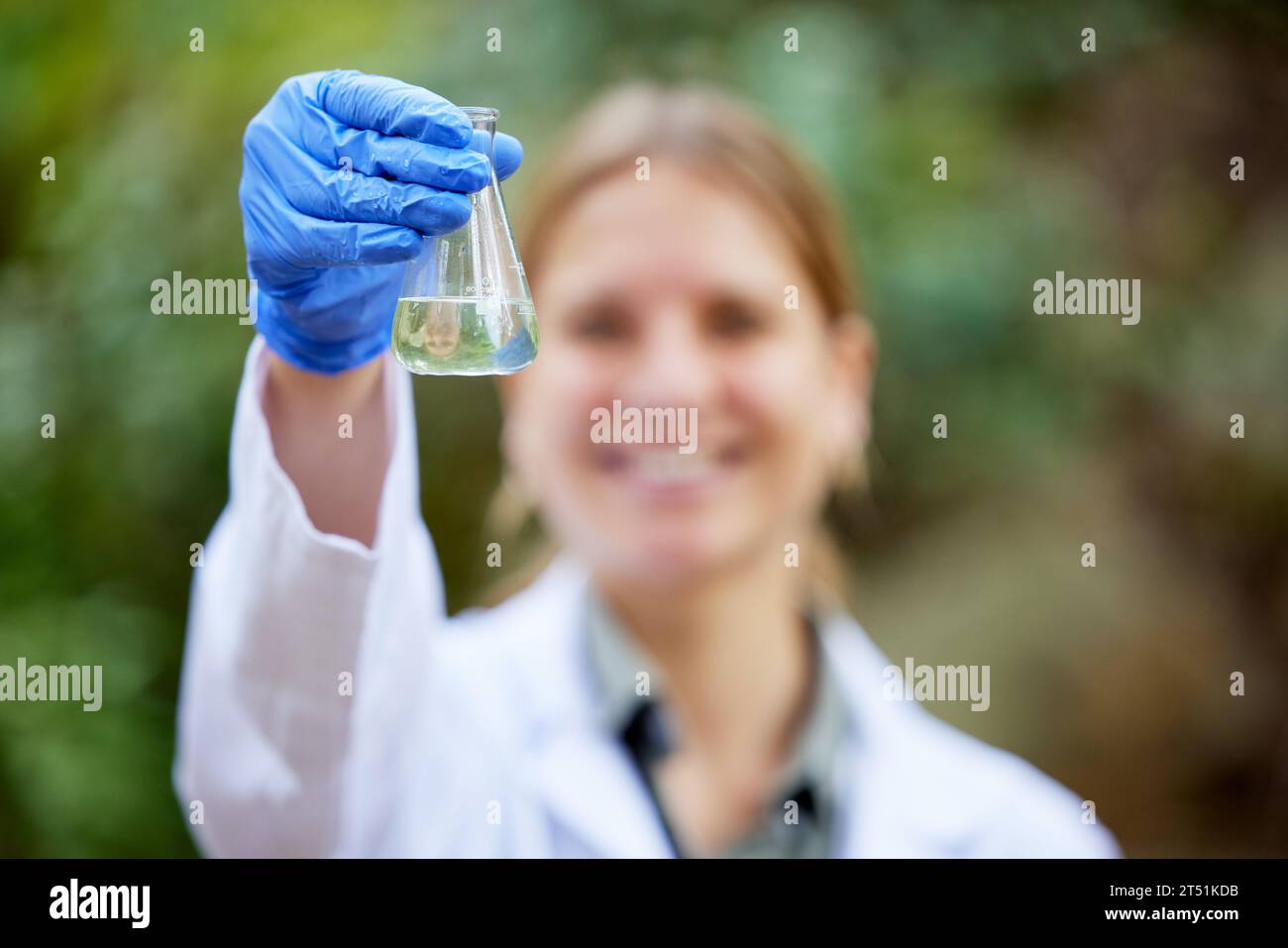 Forest, sample and professional scientist test water for research or ...