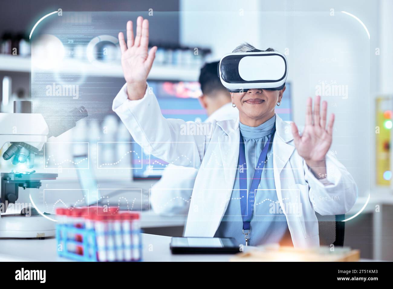 Senior scientist, woman with virtual reality and graphs, digital ...