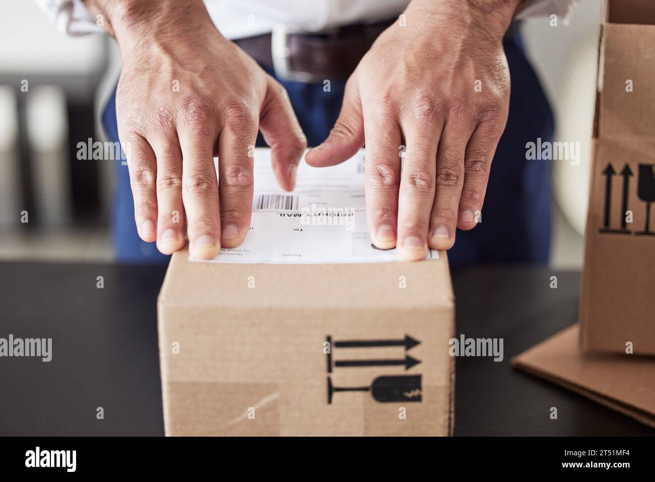 Label, delivery or hands of man with box for courier cargo, ecommerce ...