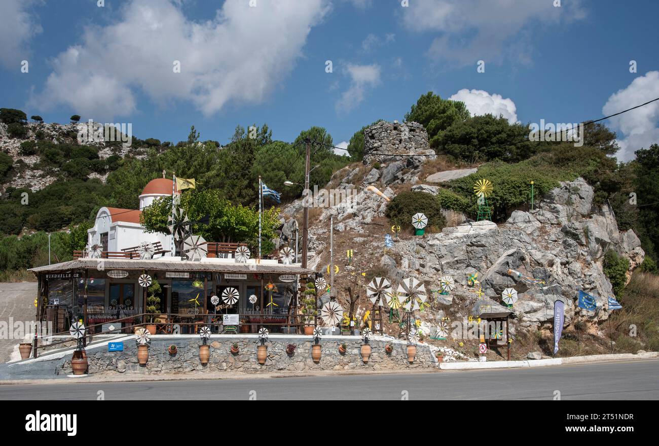 Lasithi plateau, Crete, Greece. 30.09.2023. Windmills, distant ...