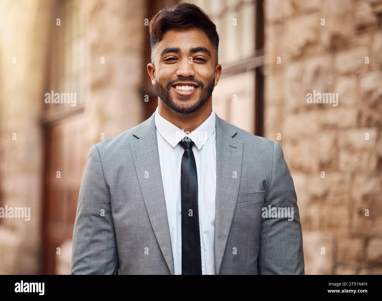 Smile, lawyer and legal with portrait of man in city for justice ...