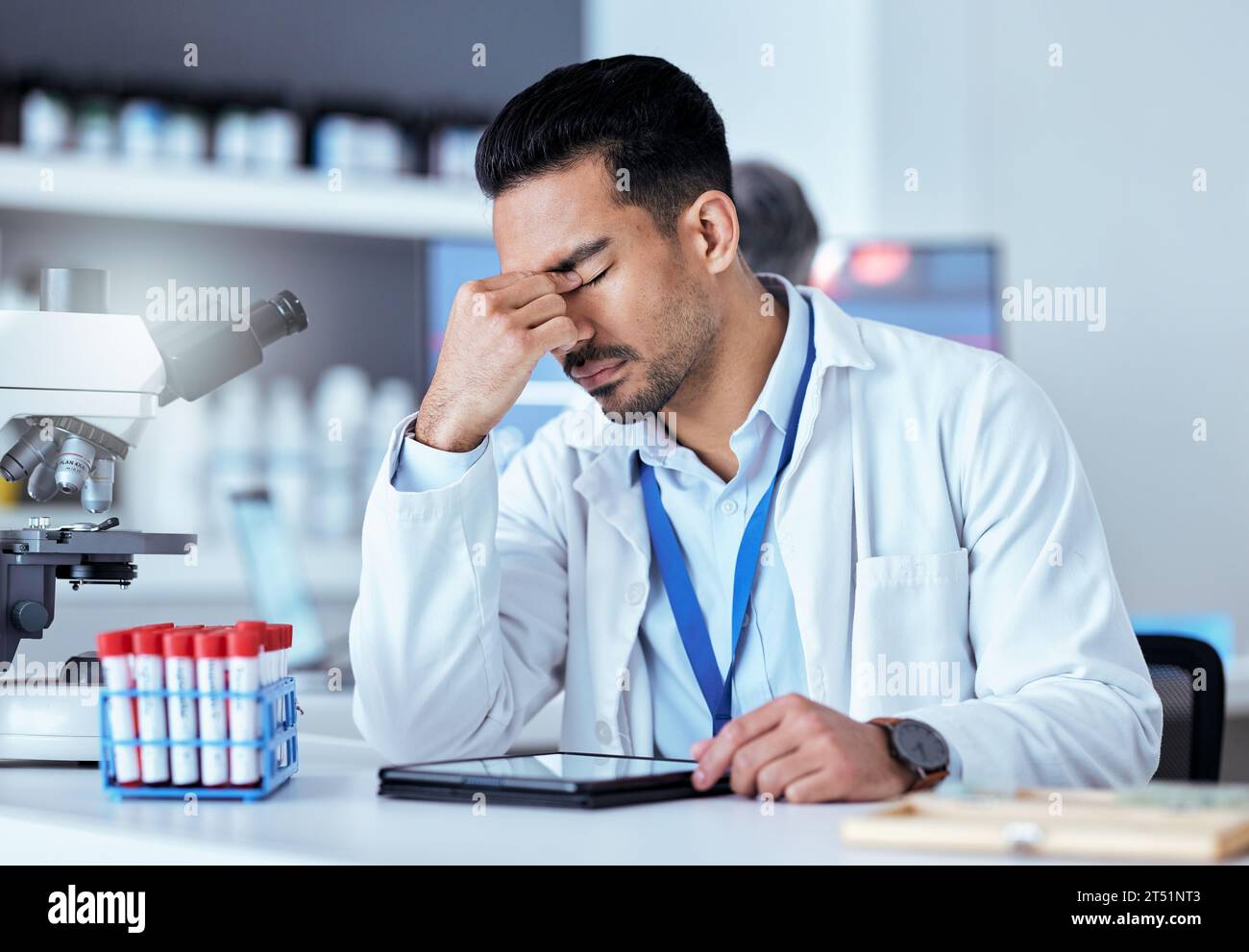 Sad scientist, headache and man depressed about clinic news, mental ...