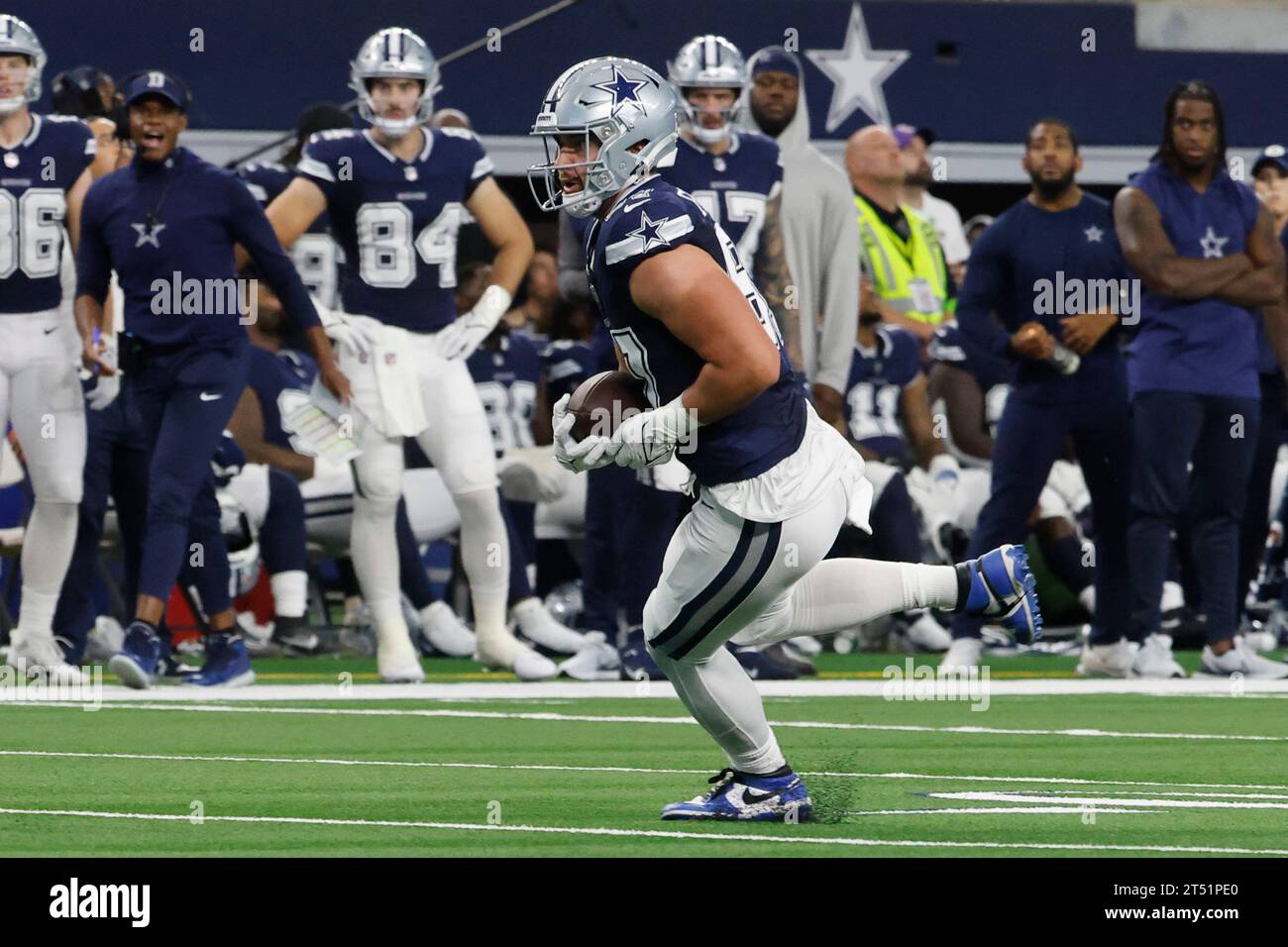 Dallas Cowboys tight end Jake Ferguson (87) runs after a reception ...