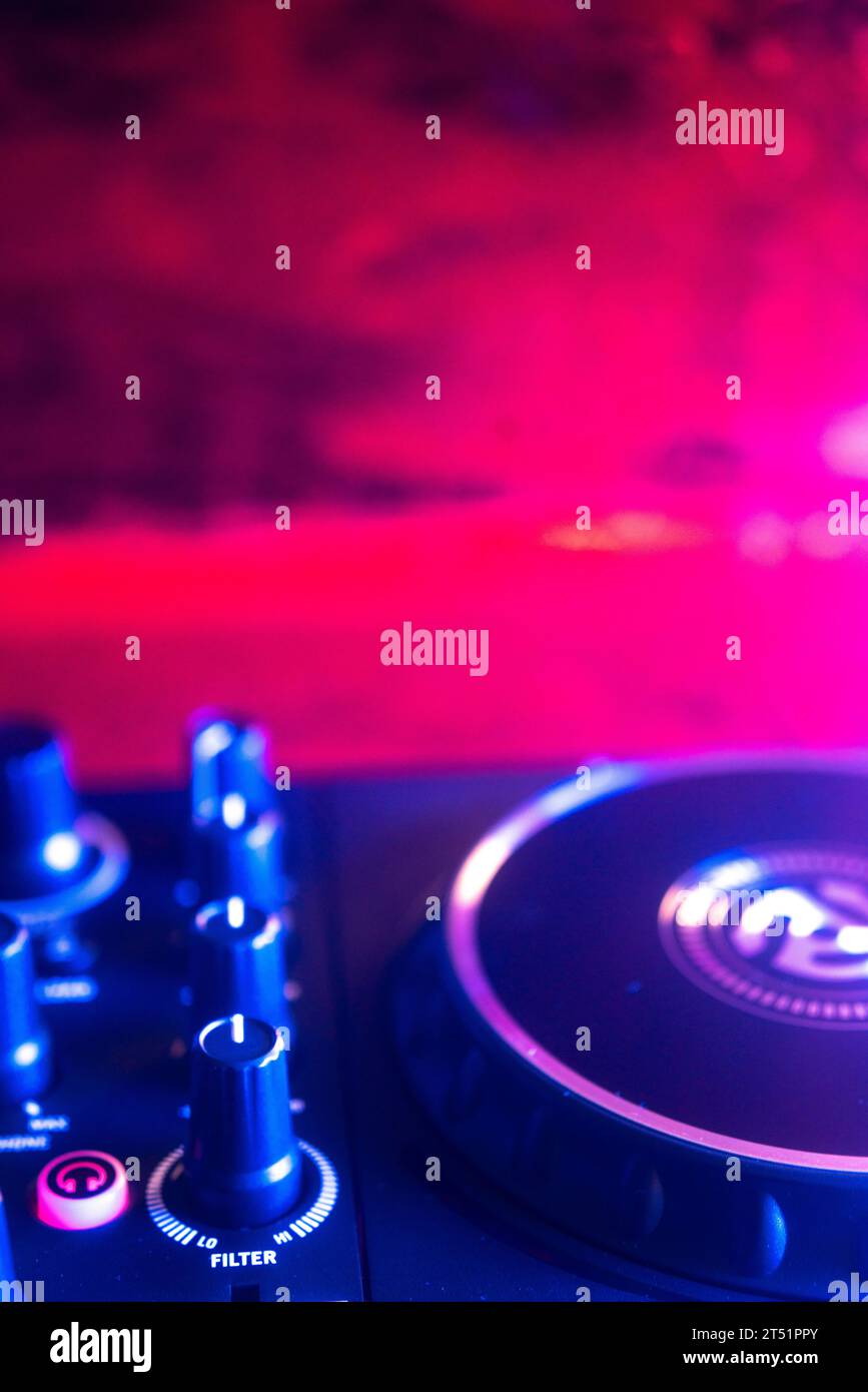 Dj turntables in nightclub electronic music house disco party lights ...