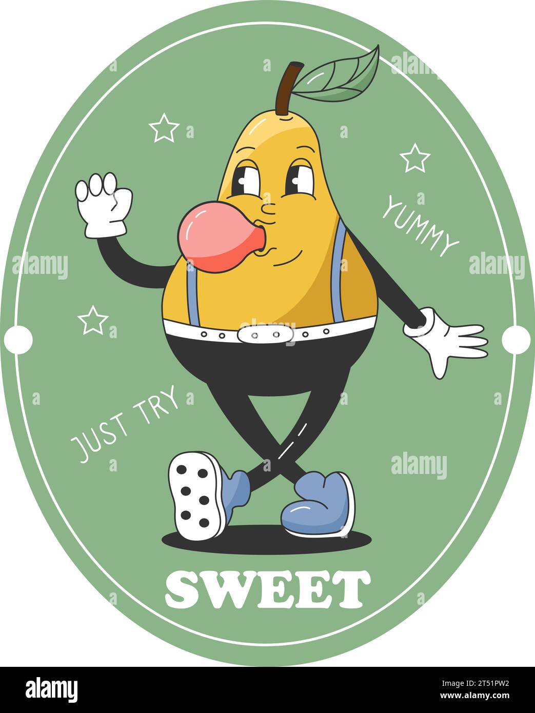 90s Fruits Funny Retro Hippie Groovy Cartoon Pear. Label with Comic ...