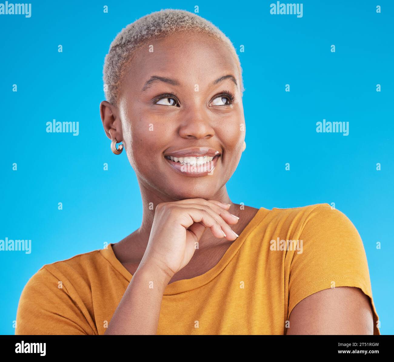 Thinking, idea or black woman with inspiration, opportunity or ...
