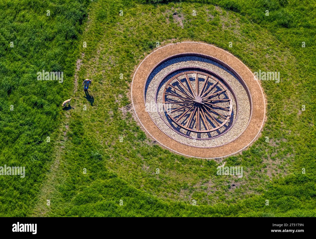 Aerial view, walker with dog, Prosper Park with rope pulley, north-east ...