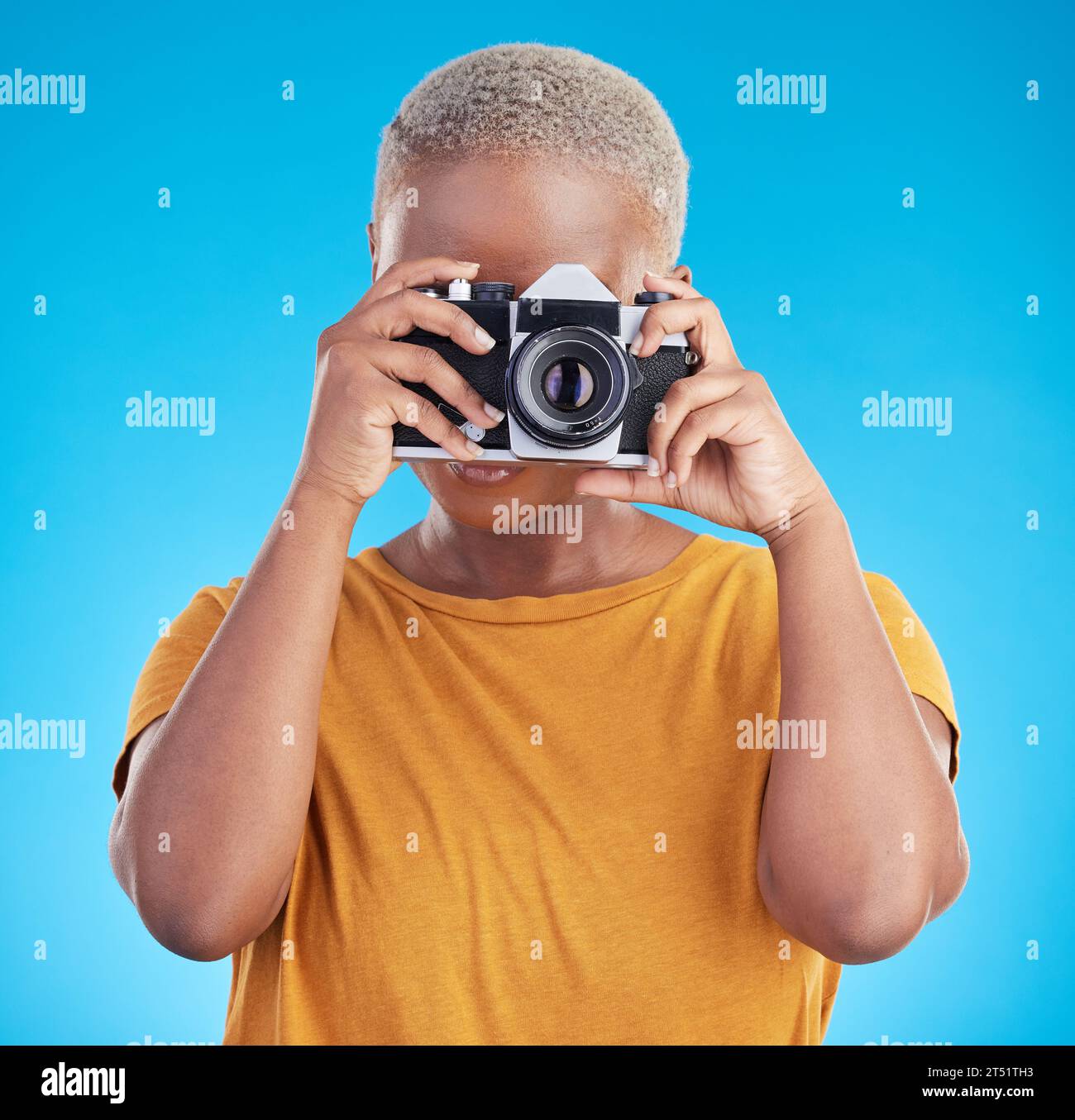 Photographer woman, retro camera and studio for journalist job, art or ...