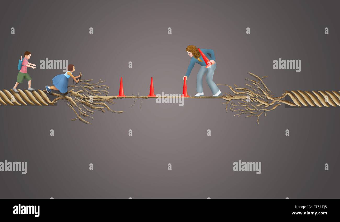 A mom and kids traverse a fraying and dangerous rope bridge in a 3-d ...