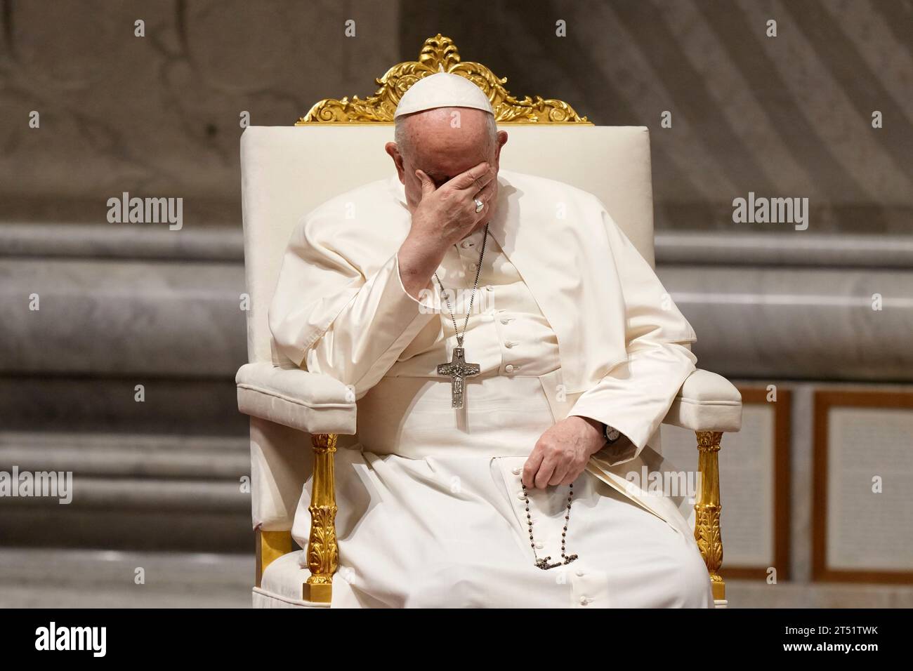 Pope Francis gestures as he leads a prayer for peace inside St. Peter's ...