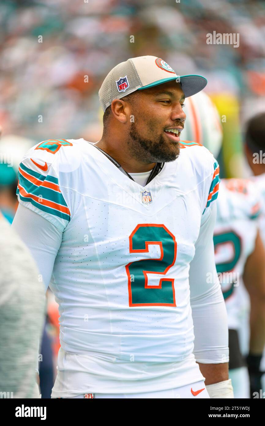 Miami Dolphins linebacker Bradley Chubb (2) smiles on the sidelines during an NFL football game ...